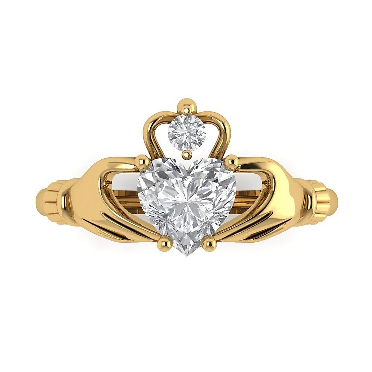 1.06 Ct Brilliant Heart Cut Clear Simulated Diamond 14K Yellow Gold Solitaire Claddagh Statement Ring Size 10.75