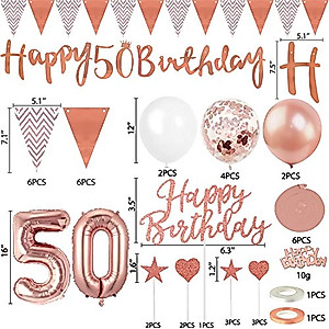 MOVINPE 50th Rose Gold Birthday Decorations, 50th Happy Birthday Banner Pennant Flags 6pcs Hanging Swirl, Number 50 Foil Balloons 8pcs Latex Balloons Cake Toppers Table Confetti for Women