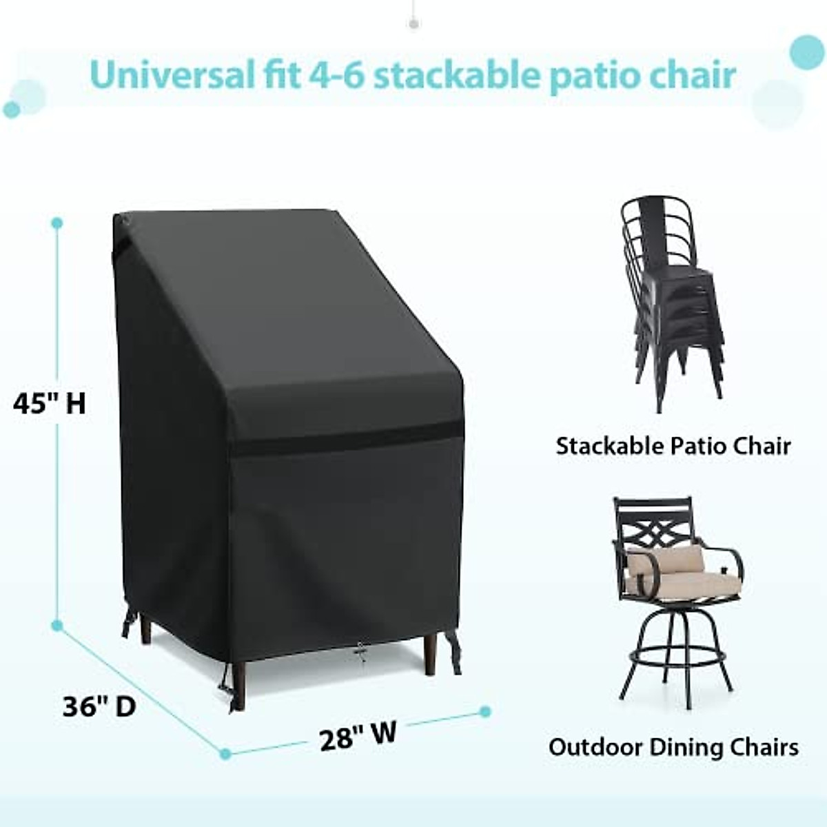 MR. COVER Heavy Duty 600D Stackable Patio Chair Cover, Fits 4-6 Stackable Dining Chairs, 28W x 36D x 45 H Inches, Waterproof & UV-Protection, Classic Black