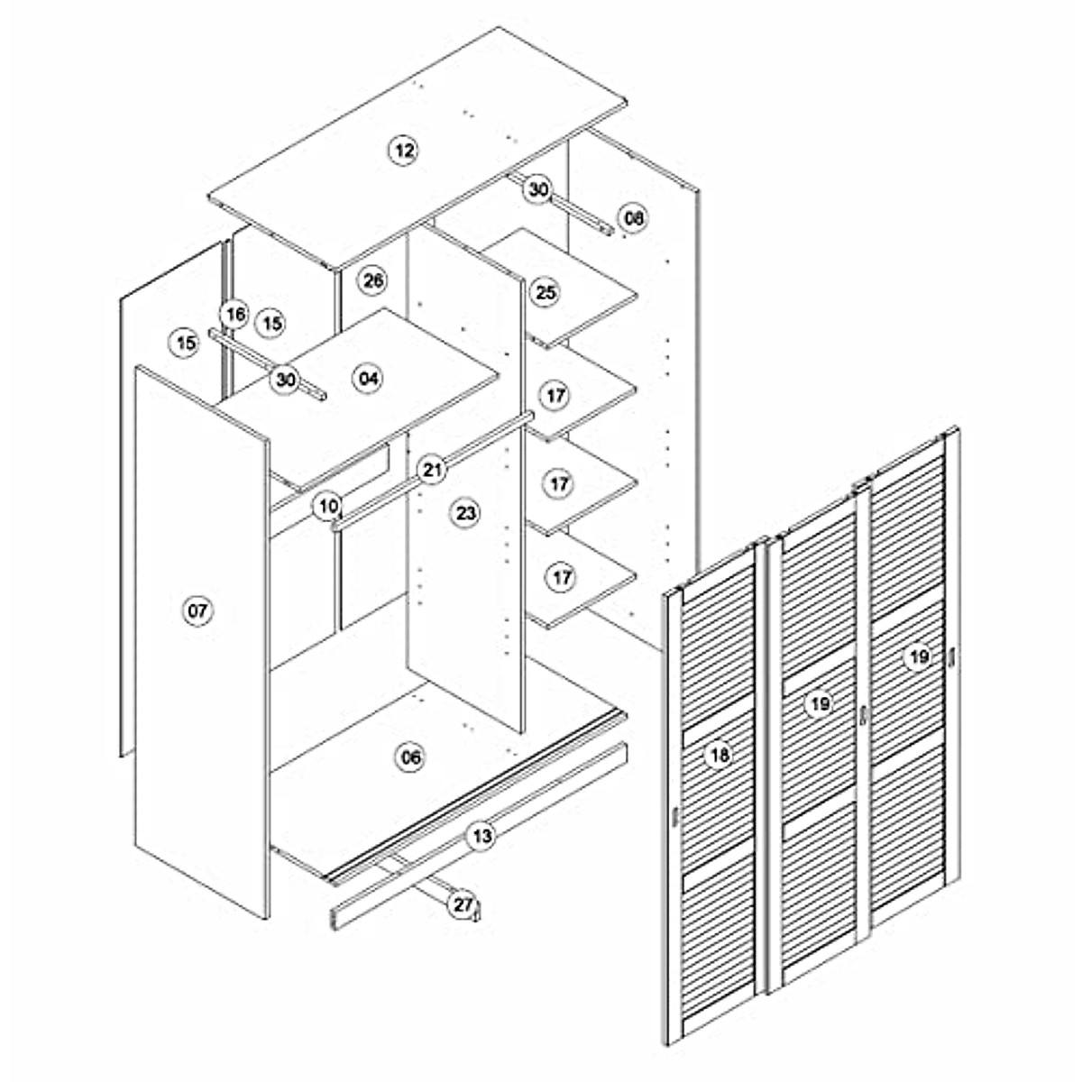 Palace Imports 100% Solid Wood Wardrobe with 3 Sliding Louvered Doors, White. 5 Shelves Included. Additional Large Shelves Sold Separately.