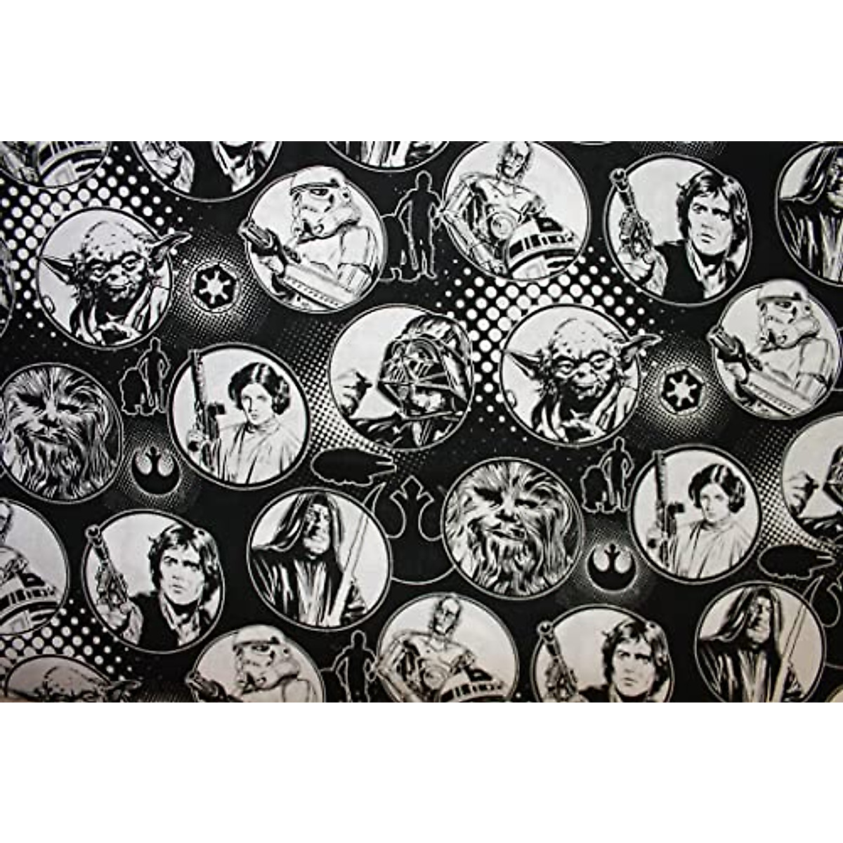 Star Wars Fabric Han Solo Stormtrooper Chewbacca R2-D2 Fabric Black and White Sold by The Fat Quarter (18" X 22") New BTFQ