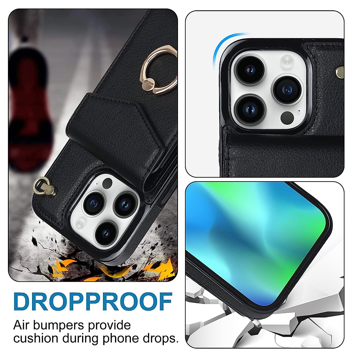 XYAJUANG Phone Case Compatible with iPhone 14 Pro（6.1''），Leather Accordion Folding Wallet &Card Holder with RFID Shielding Material Phone Case ，with Adjustable Ring Holder and Lanyard (Black)