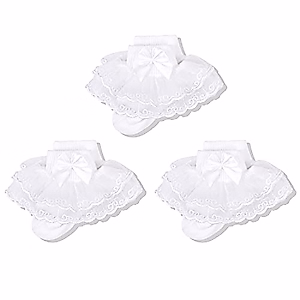 CozyWay Toddler Socks Lace Ruffle Baby Girl Socks Frilly Eyelet Trim Ankle Dress Socks 0-6 Months Multi Color - 3 Pack