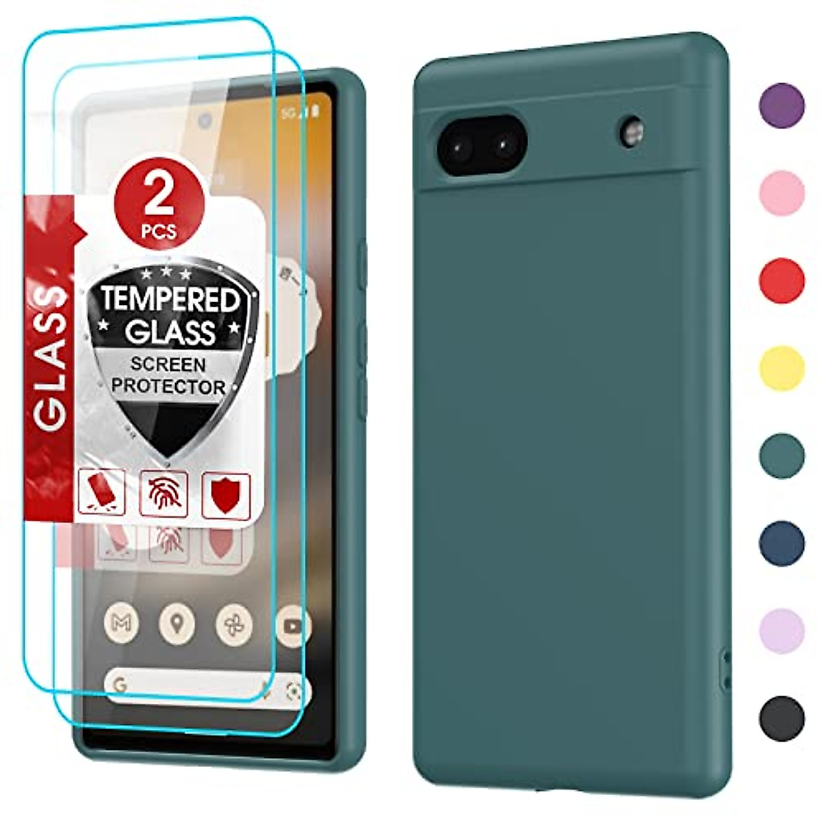 LeYi for Google Pixel 6A Phone Case [2022 Release] with 2 Pack Tempered Glass Screen Protectors, Soft Liquid Silicone with Microfiber Liner Cover Case, Green