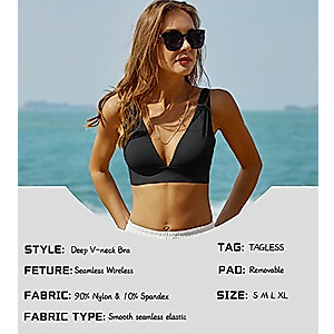 Women's Seamless Plunge Wireless Bra - Deep V-Neck, Unlined, Ultra Light and Soft Stretch Bralettes for Ladies by Knowyou - Black