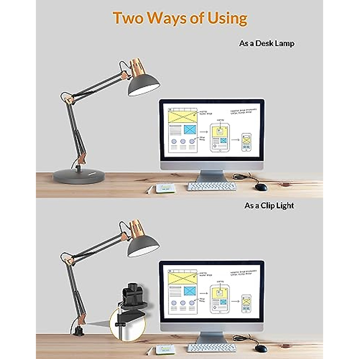 LEPOWER Metal Desk Lamp, Adjustable Goose Neck Architect Table Lamp with On/Off Switch, Swing Arm Desk Lamp with Clamp, Eye-Caring Reading Lamp for Bedroom, Study Room &Office (Sandy Black)