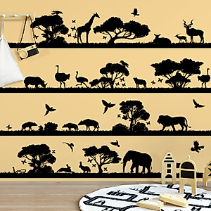 Black Jungle Animals Wall Decals Woodland Wild Animal Wall Stickers Removable Forest Animals Elephant Lion Birds Giraffe Trees Wall Decor for Kids Room Bedroom Living Room Nursery Classroom