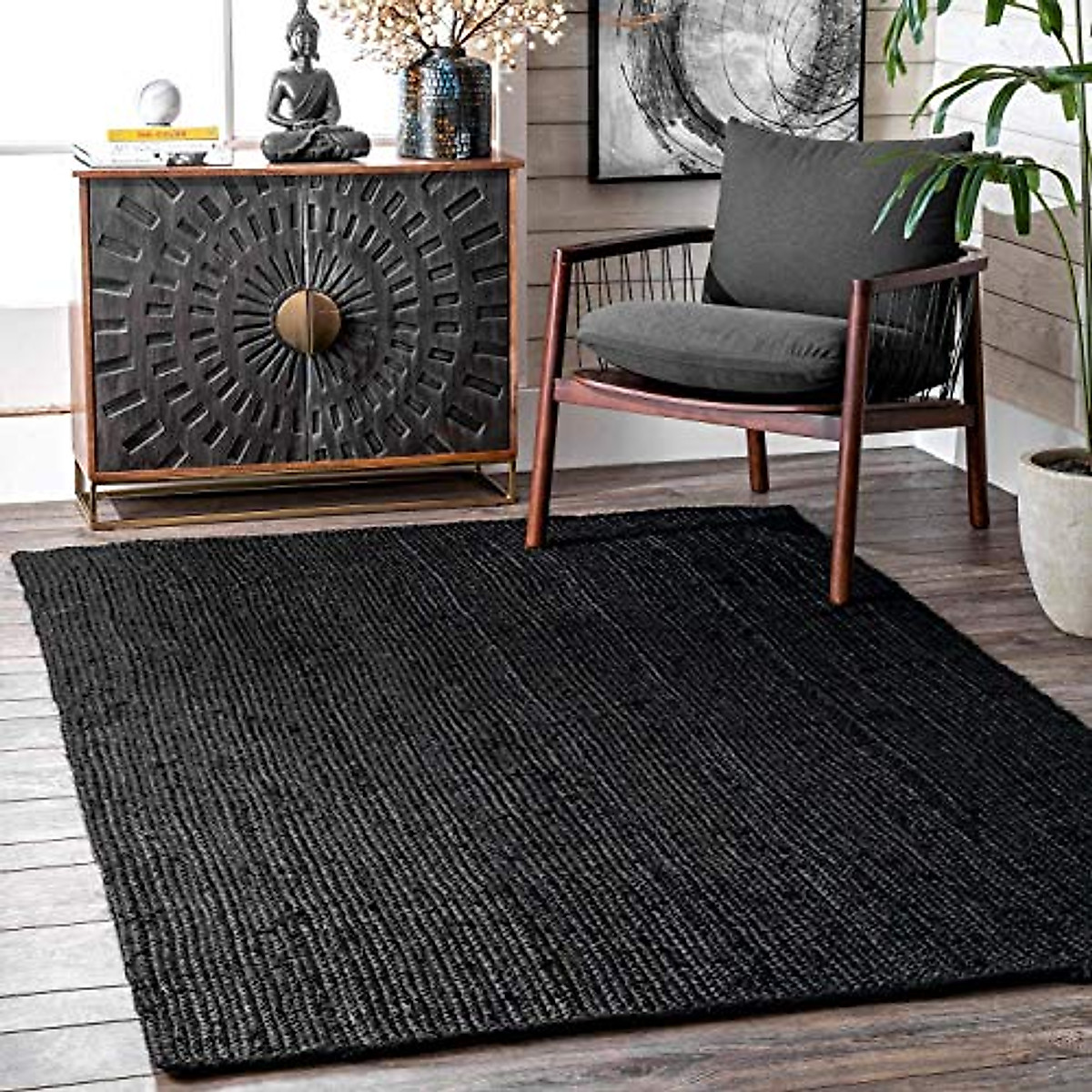 THE PIKKU INTERNATIONAL - Handmade Jute Rug Black Dye Rectangle Hand Woven Farmhouse Jute Area Rug (8 x 11 ft)