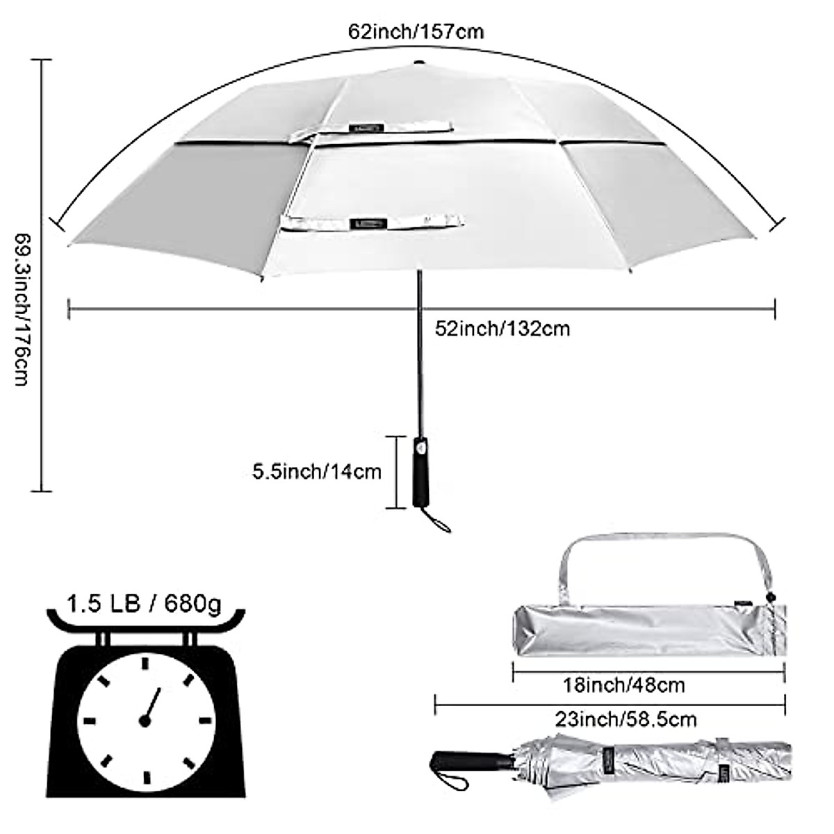 G4Free 62 Inch Portable UV Protection Large Golf Umbrella Automatic Open Double Canopy Big Sun Umbrella Windproof Oversize Sports Umbrellas(Silver/Black)