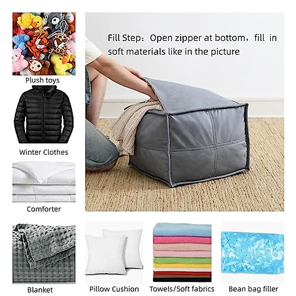 C COMFORTLAND Unstuffed Pouf Ottoman, Faux Leather Poof Cover with Storage, Square Foot Rest, Floor Foot Stools, Bean Bag Ottomans Furniture for Living Room, Bedroom Grey (No Filler)