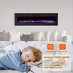 60 Inch Electric Fireplace Insert, Wall-Mounted, Remote Control, Linear Design, 750/1500W.