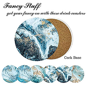 Coasters for Drinks with Holder Set of 6,Marble Blue Ocean Style Absorbent Ceramic Coasters with Cork Base,No Scratched and Soiled