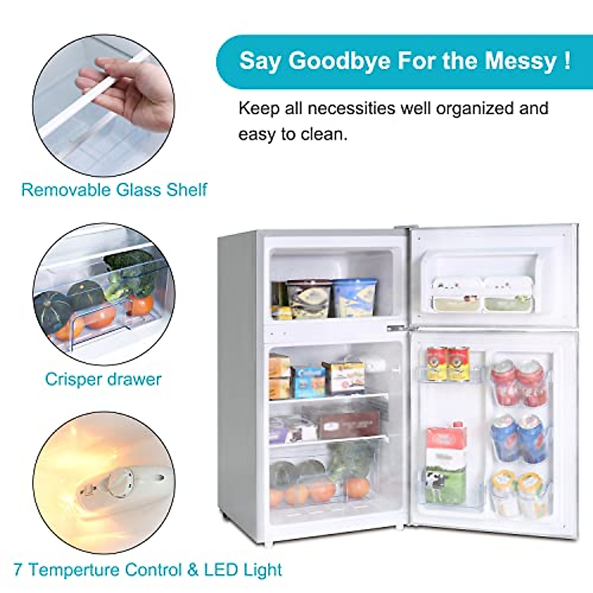 Frestec Mini Fridge with Freezer, Small Refrigerator, 2 Door Mini Fridge for Bedroom, 3.2 Cu.Ft, Low Noise,7 Settings Temperature Adjustable Control (Silver)