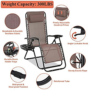 Pazidom Zero Gravity Chair Folding Lounge Chair Lawn Chair Adjustable Camping Reclining Chair with Pillow and Cup Holder Trays, Folding Chair Outdoor Chair - Breatheable & Tear-Resistant Mesh, Brown