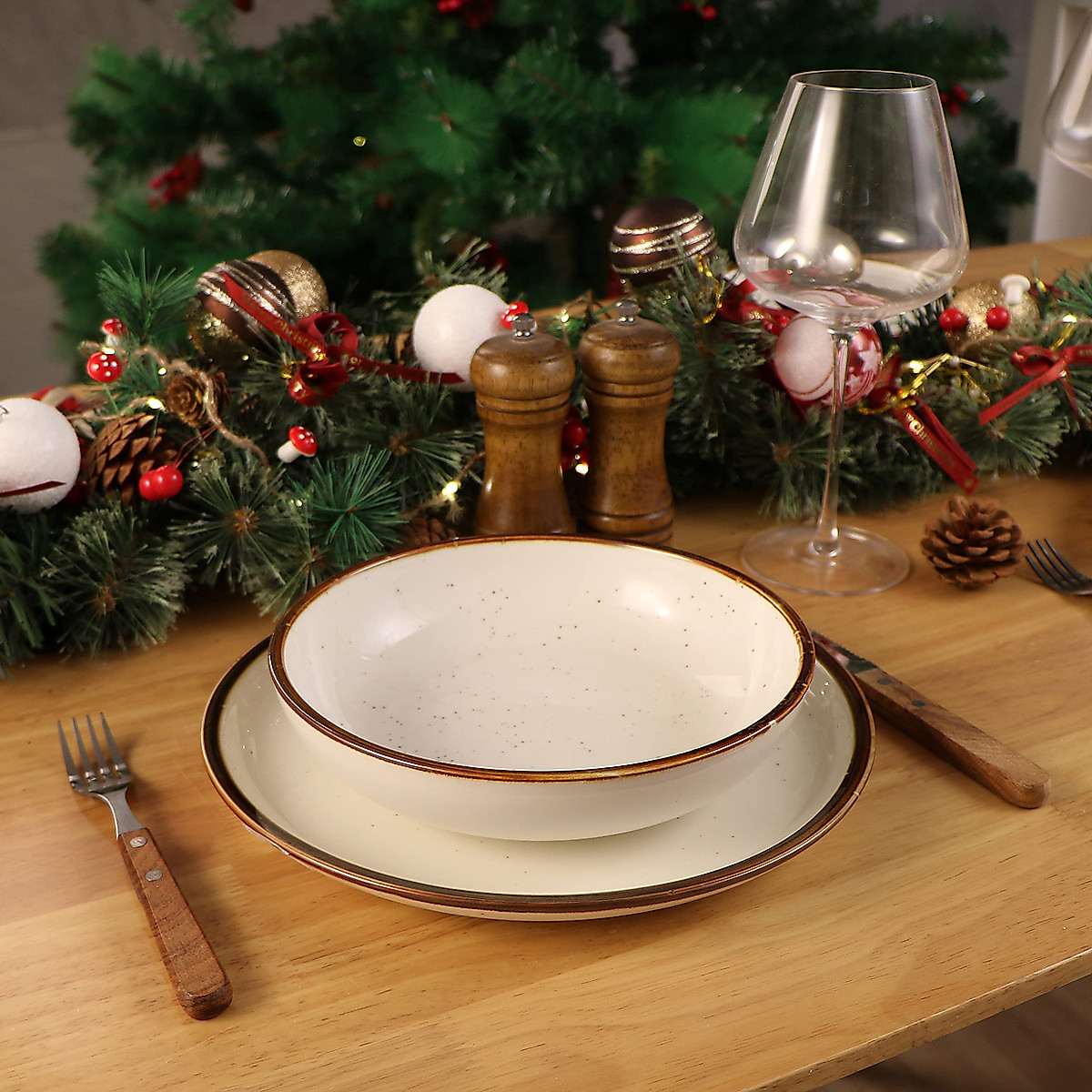 ONEMORE 30 oz Pasta Bowls and 8.5 inch Salad Plates Bundle - Microwave, Oven and Dishwasher Safe - White