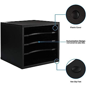 FITUEYES Wood Desk Paper Organizer with 4 Tiers Storage, Desktop File Holder, Document Letter Sorter Tray with Adjustable Shelves, Home Office Wooden Mail Rack, Black