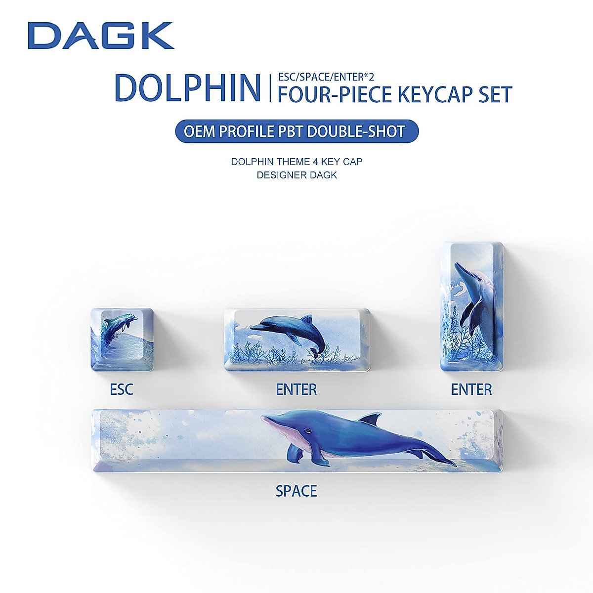DAGK 4 Keycap Set, Dye-subbed PBT Keycaps, OEM Keycaps, Spacebar Keycap, Esc Keycap Enter Keycaps for DIY Cherry MX Gaming Mechanical Keyboard (Dolphin)