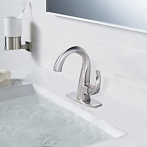 WOWOW Single Handle Bathroom Faucet, 1 Hole, High Arc, Brushed Nickel, Pop-up Drain, Solid Brass, Commercial Bathroom Sink Faucet, Basin Vanity Bar Faucet