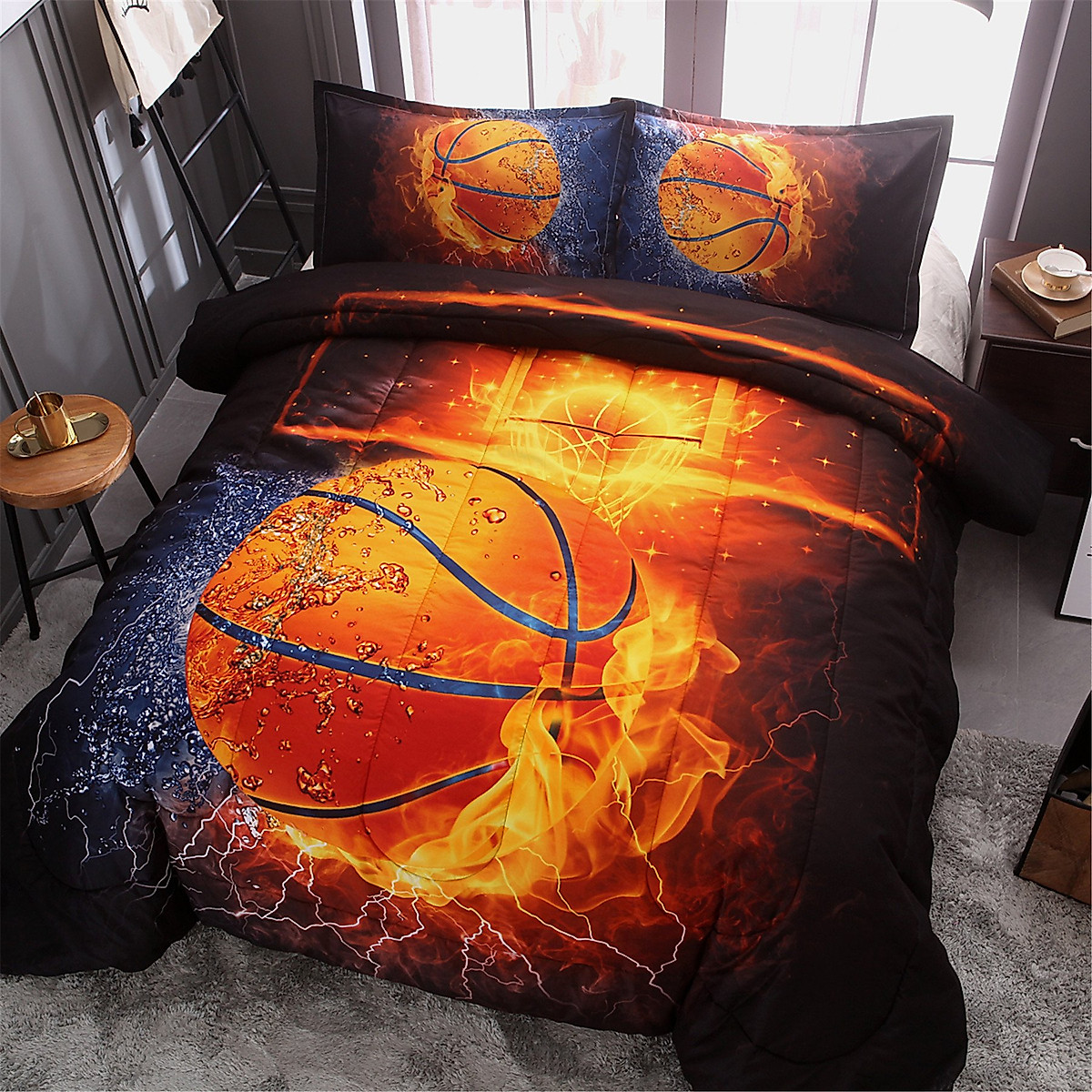 A Nice Night Basketball Print,with Fire and Ice Pattern, Comforter Quilt Set Bedding Sets, for Boys Kids Teen (Basketball, Full)