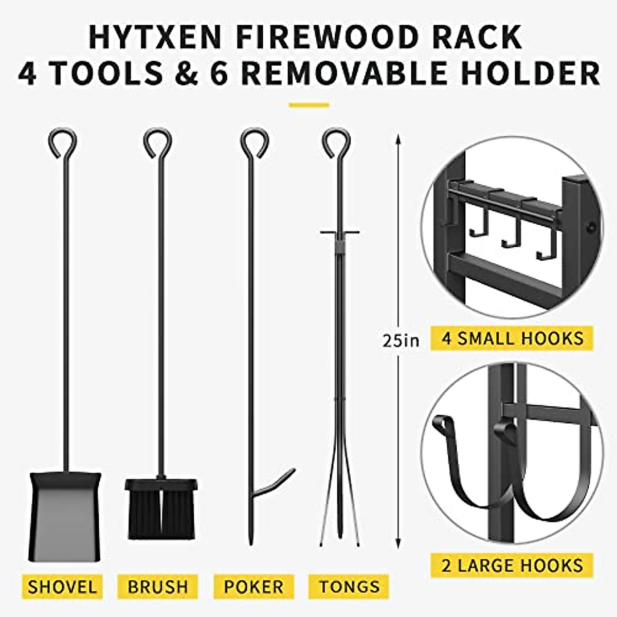 HYTXEN Firewood Rack Fireplace Tools Rack Indoor Fire Wood Racks Outdoor Firewood Rack Heavy Duty Firewood Holder,Fireplace Tools Set,Fireplace w/Kindling Holder,Shovel,Poker,Tongs,Broom
