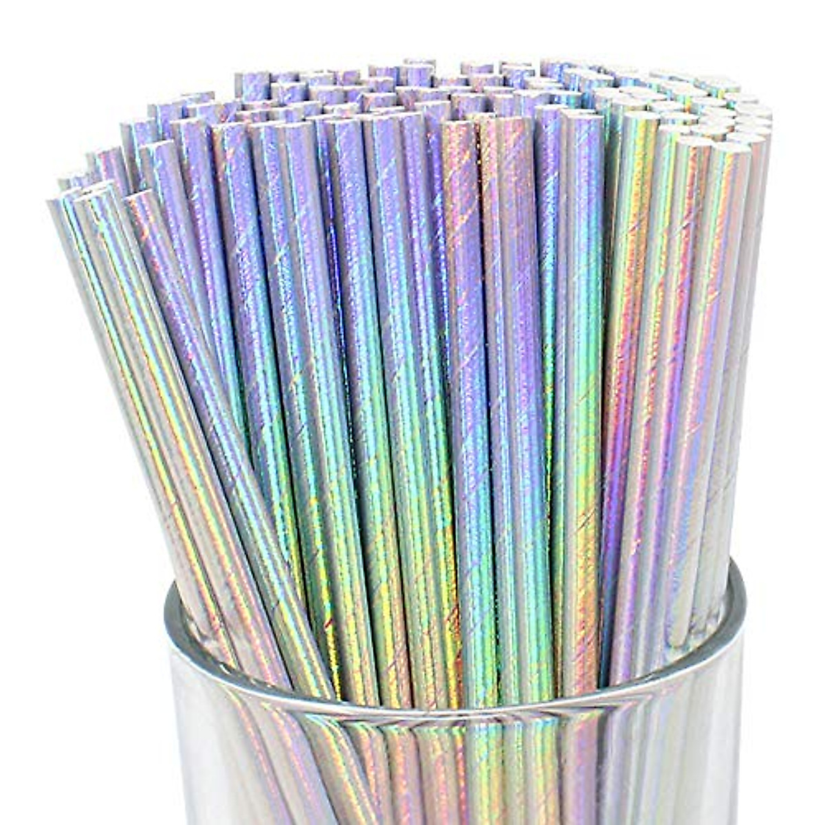Just Artifacts Iridescent Disposable Drinking Party Paper Straws (100pcs, Silver), One Size