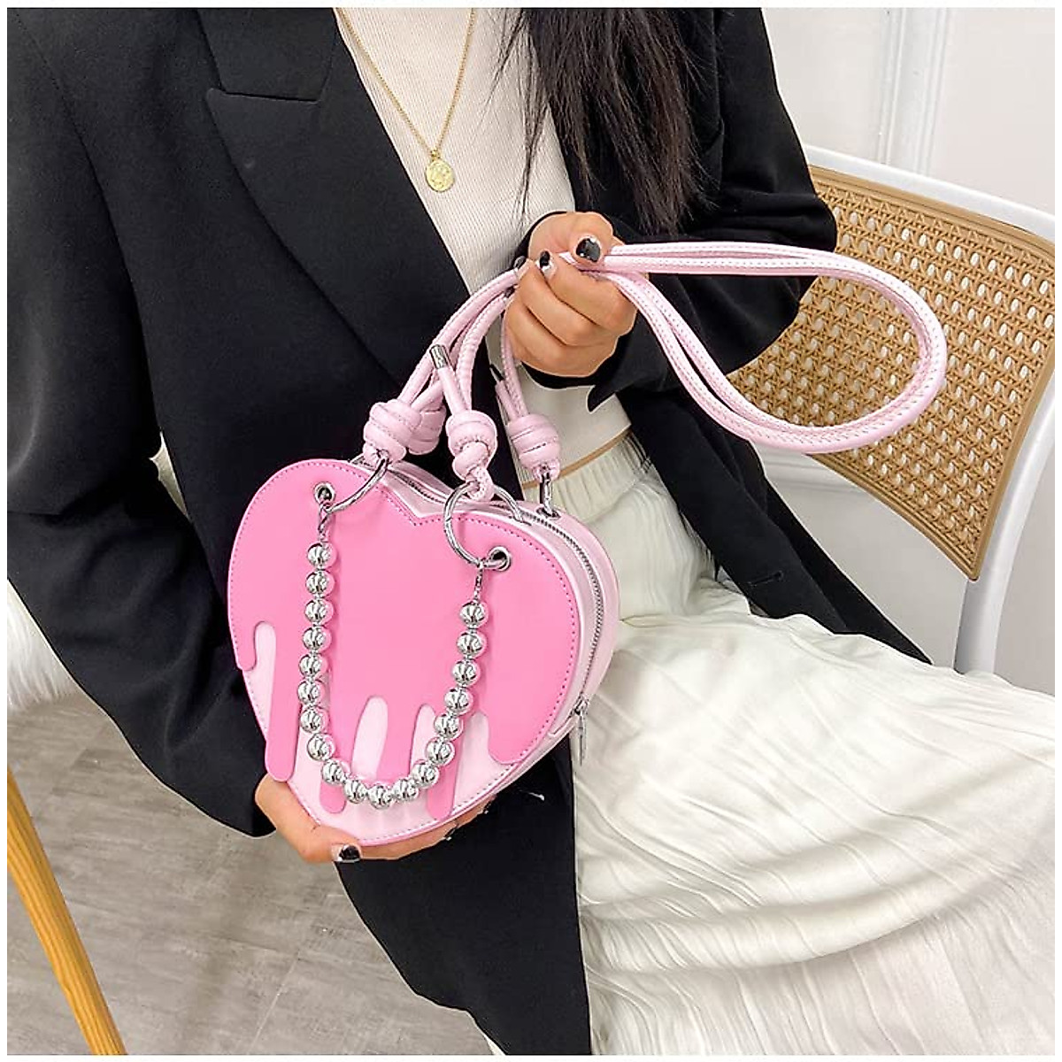 GESALOP Cute Heart Tote Bag Womens Leather Small Handle Purse Y2K Purse Gothic women's bag (Pink)