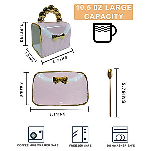 SISETOP Handbag Shaped Mug and Saucer, 10.5 OZ Purse Coffee Mug Set, Handmade Cute Mugs with Spoon & Pearl Beaded Handle, Porcelain Coffee Cups for Women, Girls, Birthday, Christmas, Gift, Pink