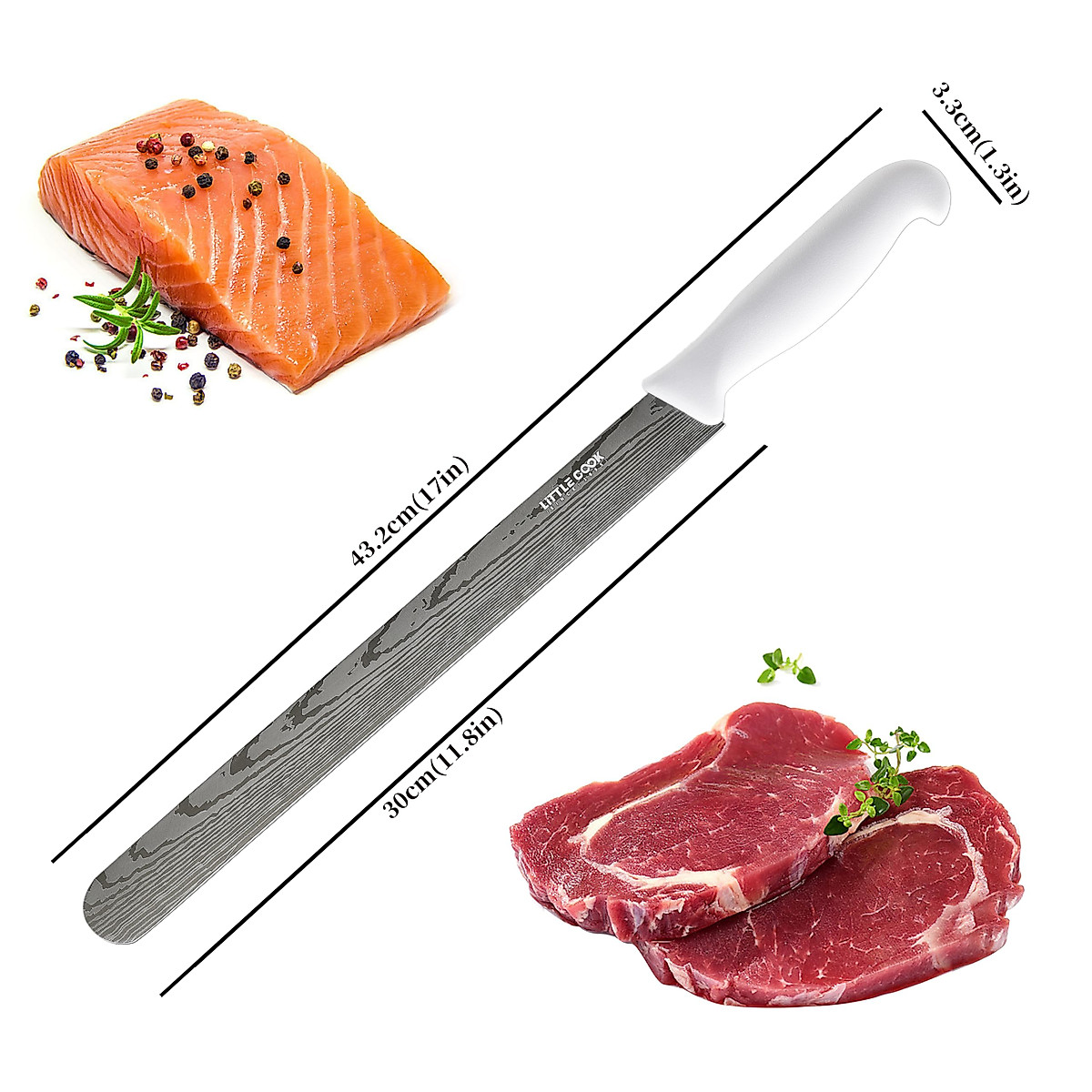 Brisket Slicing Knife, Little Cook 12" Stainless Steel Carving Knife for Meat, Brisket, BBQ, Turkey, Watermelon (White)