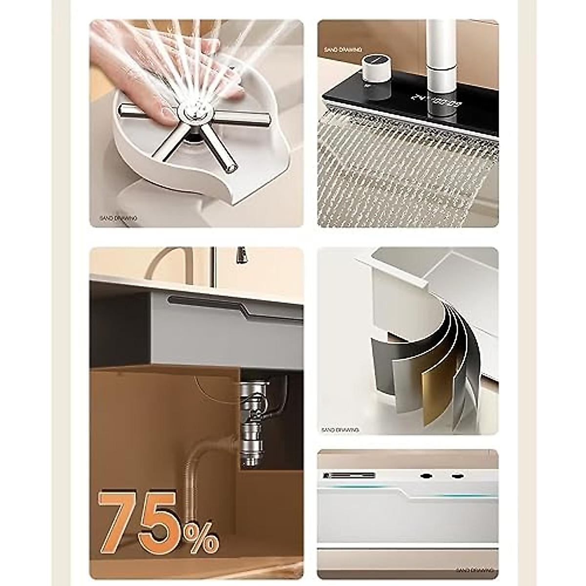 Kitchen sink, 304nm stainless steel household sink under the counter, white digital display flying rain waterfall large single sink, pull out hot and cold water faucet ( Color :White2, Size : 68*45*22