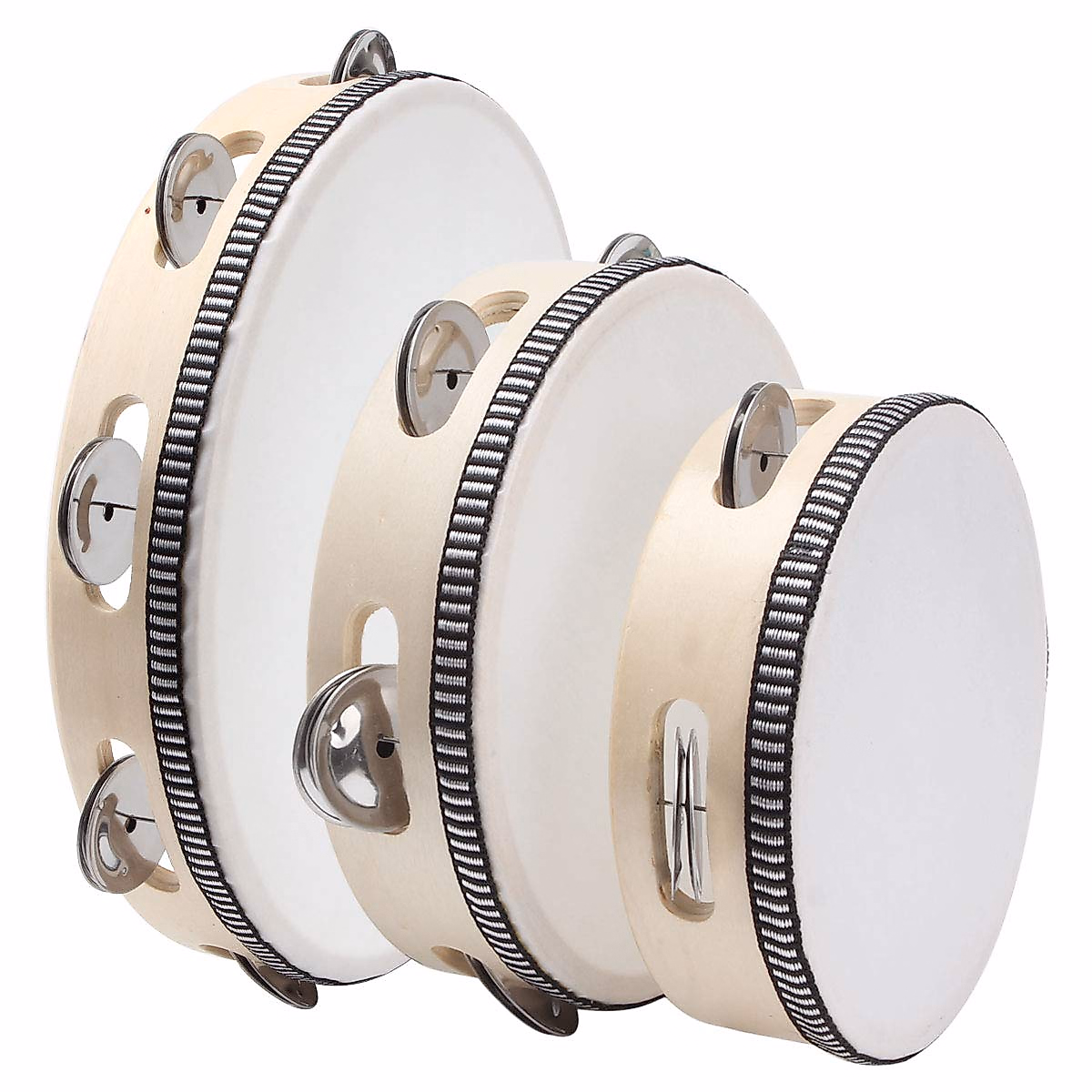 FengWu 3 Pack Tambourine for Adults Wooden Tambourine 6 inch 7 inch 10 inch Hand Held Tambourine Metal Jingles Single Row Instrument Handheld Tambourine Drum for Church, KTV, Musical Educational