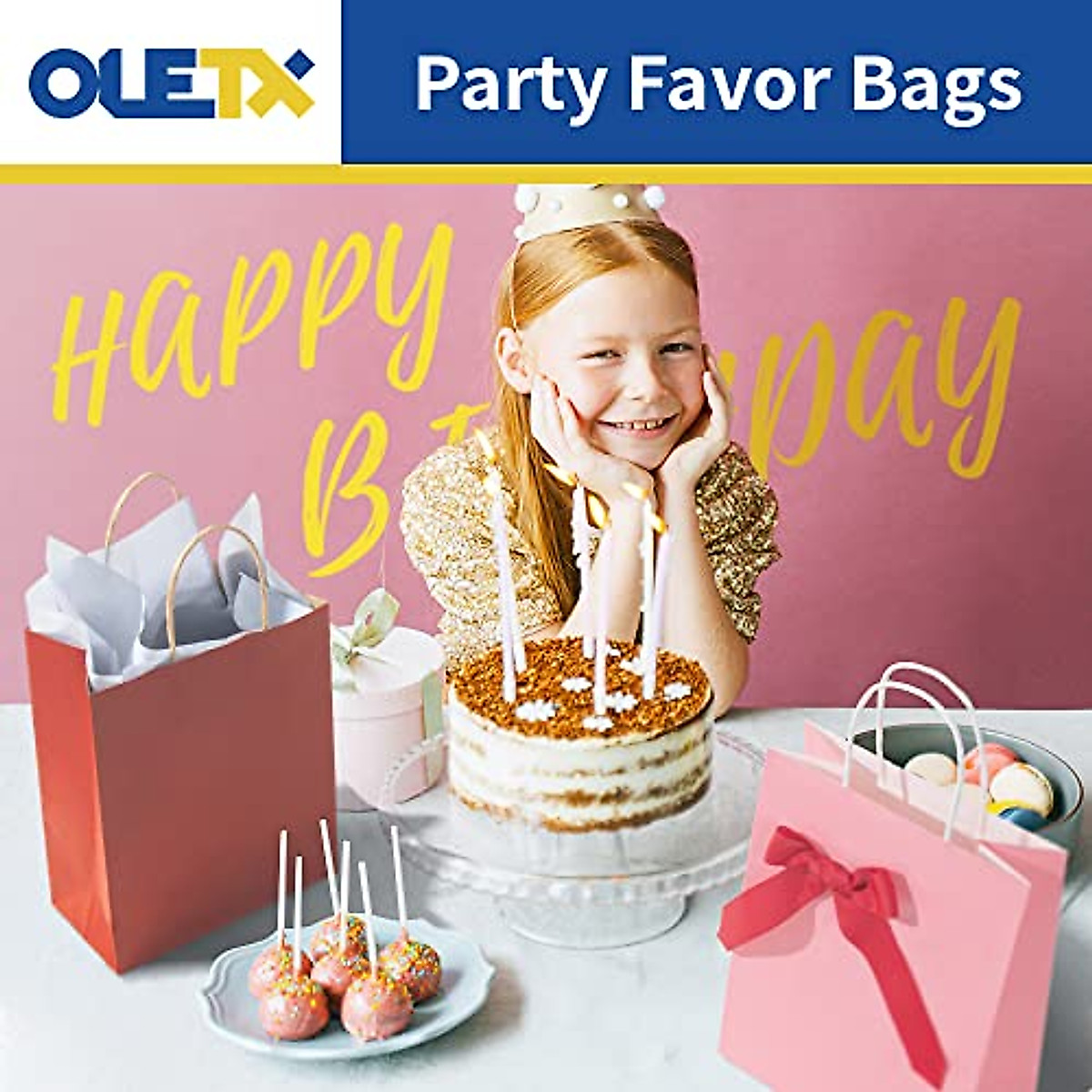 Oletx 24PCS Pink Kraft Paper Gift Bags with Handles Bulk 8''x4.25''x10.5'', Mothers' Day Gift Bag, Party Favor Bag, Craft Shopping Bags,Grocery Retail Bag,Wedding Bags,Birthday Bags