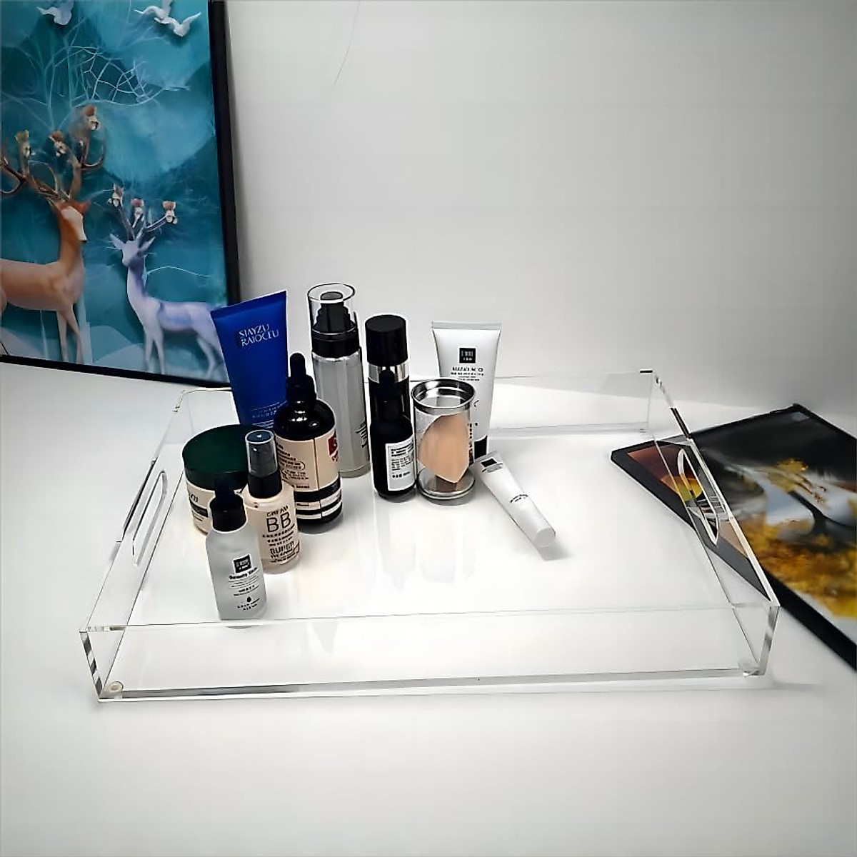 YFYCUSA Clear Acrylic Tray 10"x10" in, Serving Tray with Handles, Acrylic Trays for Serving, Spill Proof, Coffee Trays, Serving Trays, Food Trays, Ottoman Dressing Tables, Square Tray