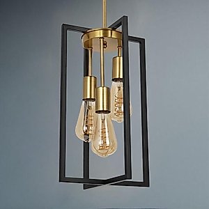 Modern Industrial Farmhouse Pendant Lighting, Rectangle Black & Brass Chandelier, Hanging Light for Kitchen Island, Dining Room, Entryway, Hallway (3-Light)