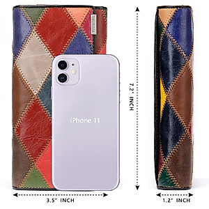 MASIWEI Genuine Leather Folded Wallet for Women Credit Card Holder RFID Blocking Cell Phone Pouch Patchwork Style (Rhombus-1)