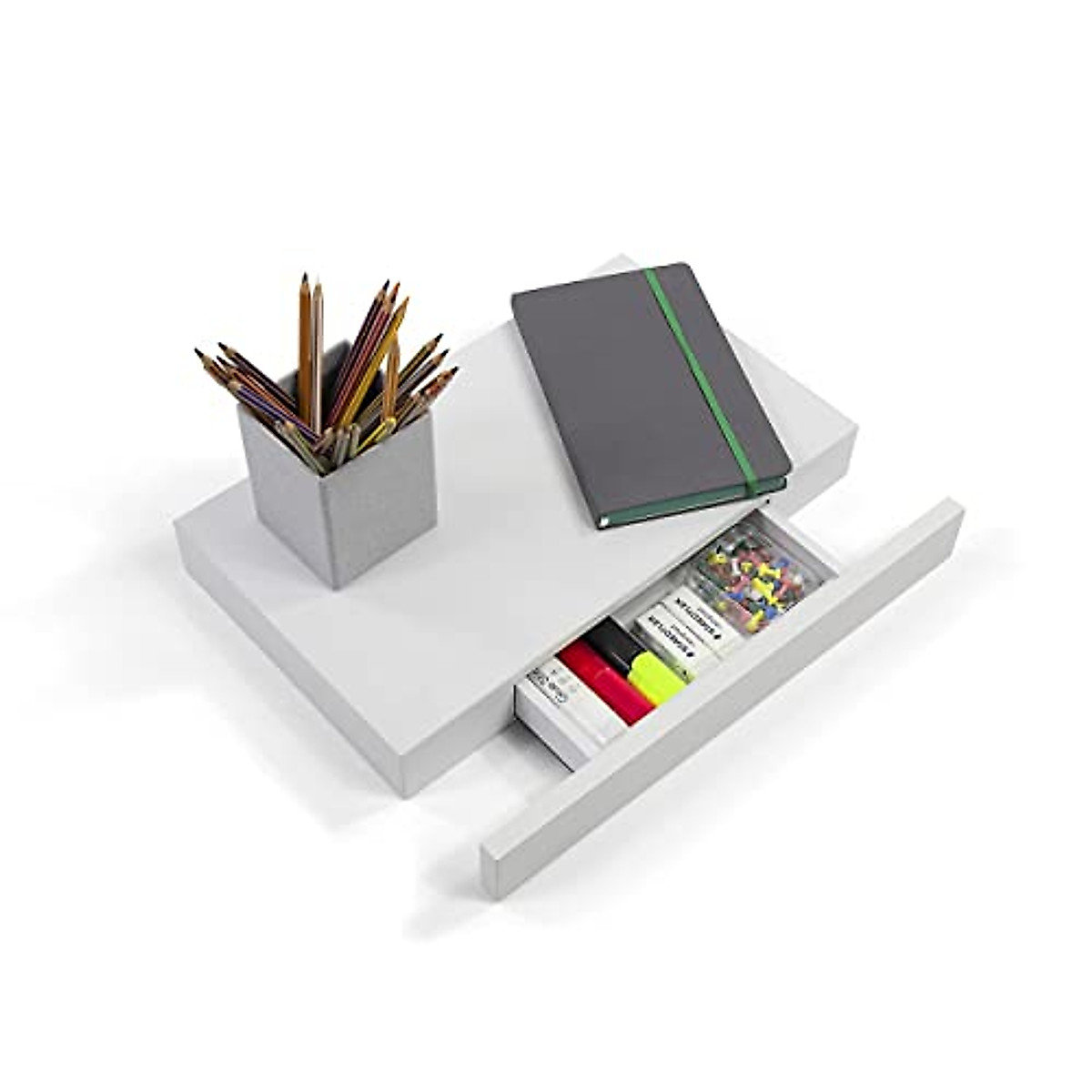 Floating Shelf with Drawer, Floating Nightstand for Bedroom 16” Wall Shelf, White Floating Shelf with Storage, Floating Shelf for Office Bathroom Floating Bedside Table (White Wood)