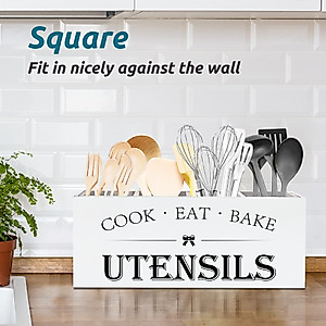 Suli Extra Large Kitchen Utensils Holder with 4 Compartments, Wooden Utensil Organizer for Kitchen Countertop, Farmhouse Kitchen Decor, Rustic Cooking Utensil - White