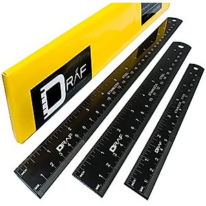 Steel Black Metal Ruler Set - 12, 8, 6 Inch Measuring Kit - Straight Edge Drafting Tool for Architects, Engineers, Crafts, Woodworking - Imperial and Metric Graduations - Protective Pouch Included