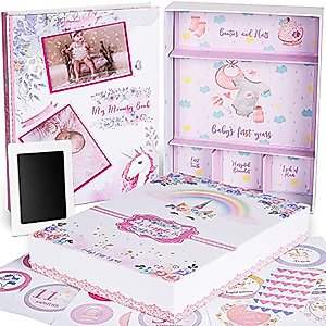 Kemella Kreations My Memory Book with Keepsake Box, Baby Milestone Stickers, Photo Corners & Footprint Kit, Unicorn Design - Baby First Five Years, Scrapbook, Journal, Photo Album for Newborn to 5 Years, Girl
