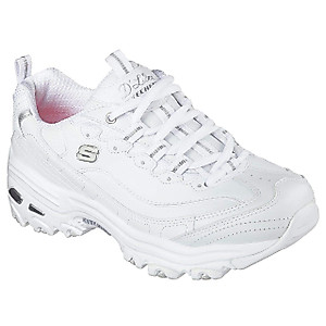 Skechers Women's D'Lites Memory Foam Lace-up Sneaker,White Silver,7.5 M US