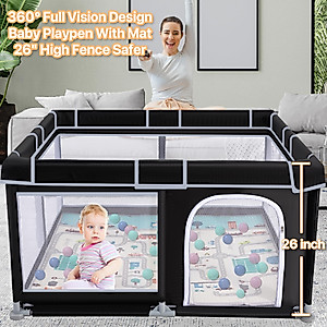 Baby Playpen with Mat, 50”×50” Playpen, Durable and Secure Baby Play Pen, Indoor & Outdoor Kids Activity Play Center, Equipped with Anti-Slip Suckers and a Zipper Gate, Anti-Fall（Black）
