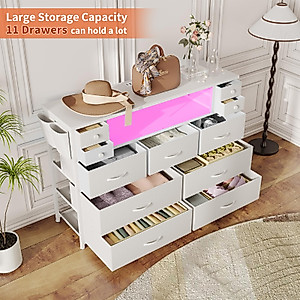 DRAWERHOM Dresser TV Stand with Power Outlets and LED Lights for 55'' TV, 11 Drawers Dresser with Side Pocket, Fabric Chest of Drawers with PU Finish, Sturdy Frame & Wood Top (White)