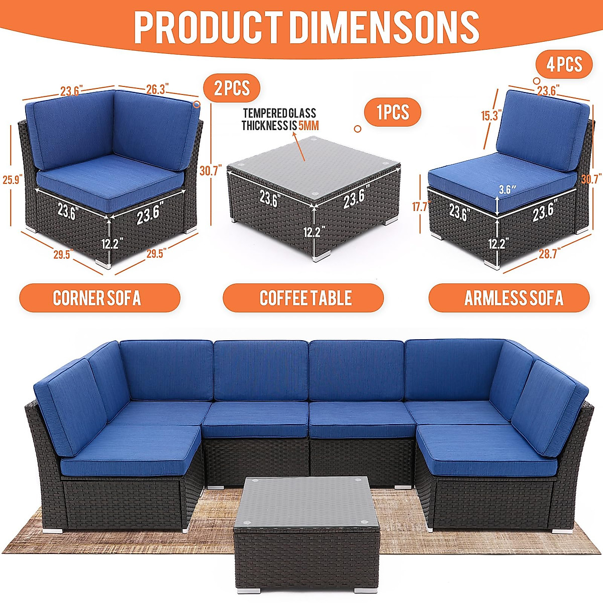 TiuBroe 7 Pieces Patio Furniture Sets, Outdoor PE Rattan Sectional Sofa Conversation Set, All Weather Conversation Set w/6 Seat Cushions and 1 Coffee Table (Dark Blue)