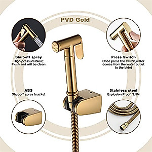 MINJING Handheld Bidet Sprayer with Angle Vavle, Stainless Steel Toilet Cleaner Bidet Sprayer Set, Baby Cloth Diaper Sprayer and Shower Wash Hose,Titanium Gold Round
