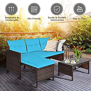 HAPPYGRILL 3-Pieces Patio Conversation Set Sectional Rattan Wicker Sofa Set with Steel Frame & Seat Cushion, Outdoor Table & Sofa Furniture Set for Garden Lawn Pool Backyard