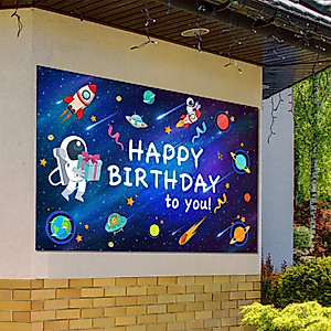 Space Happy Birthday Backdrop, 6x3.6ft Astronaut Rocket Birthday Banner, Space Party Decorations for Children's Birthday Galaxy Planet Party