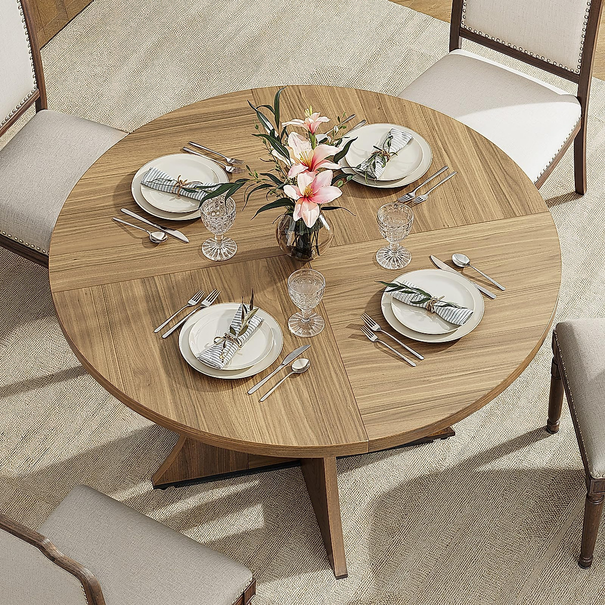 ONBRILL Round Dining Table for 4-6 Person, 47.24 Inch Kitchen Table Modern American Style, Wooden Dinner Room Table for Home Dining Room Kitchen Living Room, Light Brown (Only Table)