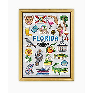 Florida Collection CS1878 - Counted Cross Stitch KIT#2 Prime. Set of Threads, Needles, AIDA Fabric, Needle Threader, Embroidery Clippers and Printed Color Pattern Inside.