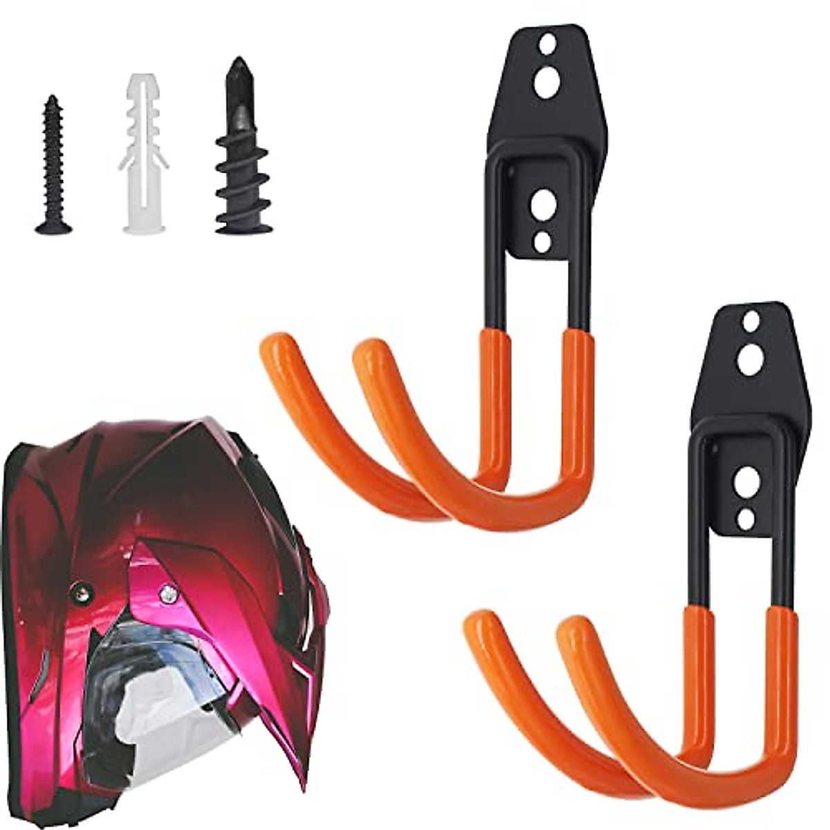 amavoler Wall Mount Helmet Hook Holder Orange,2 Large Double Iron Curved Hook Tools with Mounting Screws. A Good Home for Harley, Honda, Kawasaki, etc Helmet (Large Hook x2)