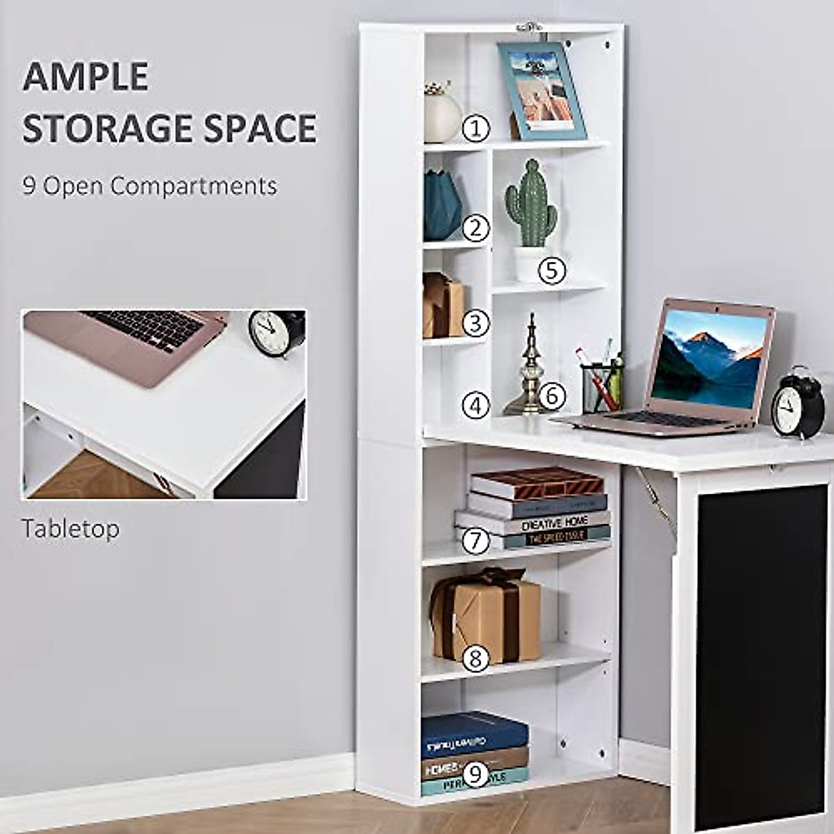 HOMCOM Fold-Out Convertible Writing Table Wall Mount Desk Cabinet with Blackboard and Side Shelf Multi-Function Home Office Workstation, White