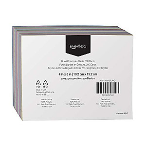 Amazon Basics Ruled Color Index Cards, 4" x 6", 300 Cards